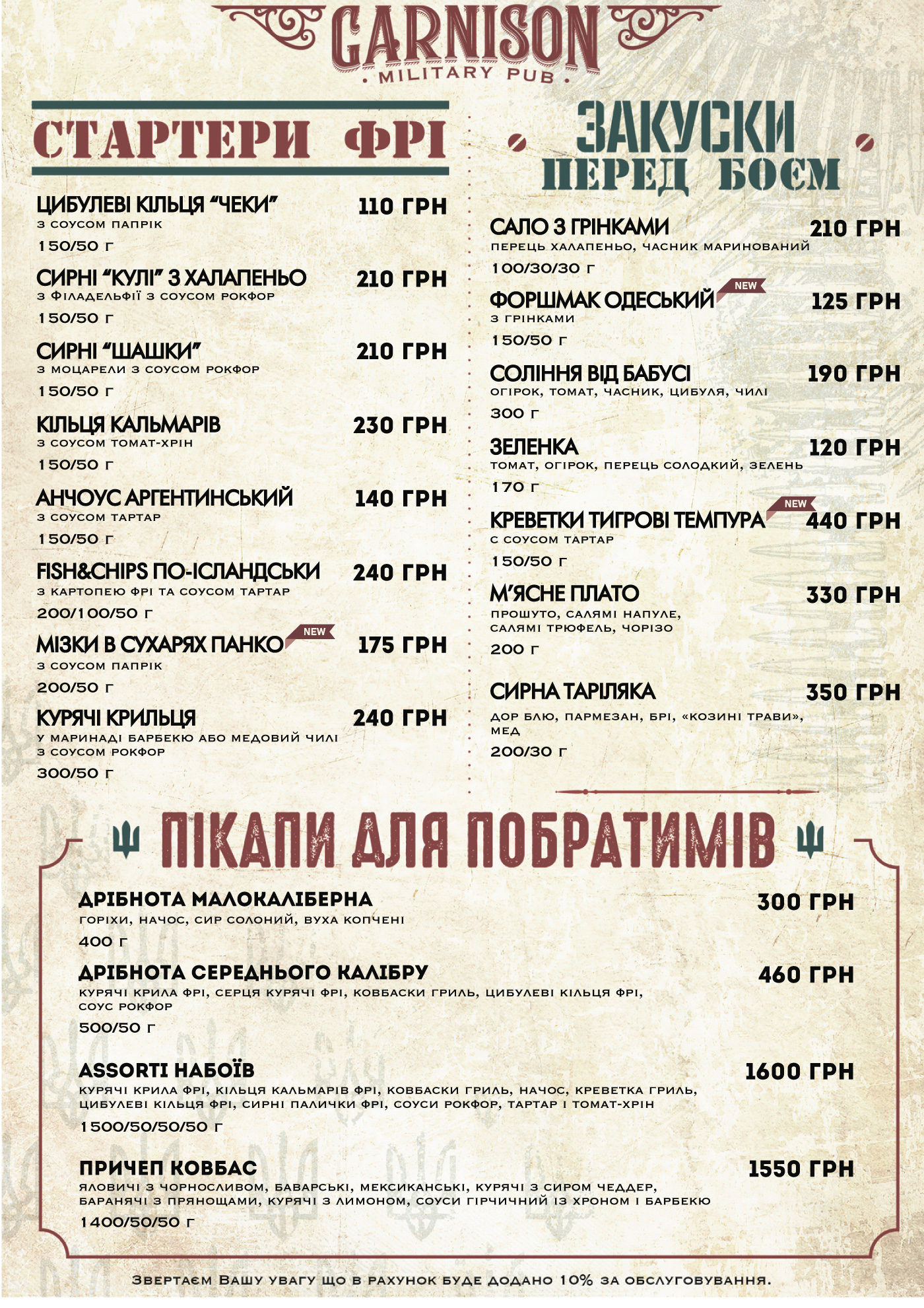 Меню бару Garnison, Хрещатик, 15/4